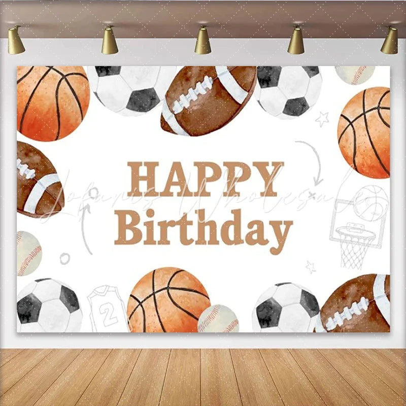 Sports Theme Happy Birthday Backdrop, Watercolor Basketball Soccer and ...