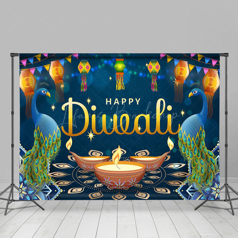 Blue Diyas Lanterns Sparkle Happy Diwali Backdrop - Lofaris Wholesale