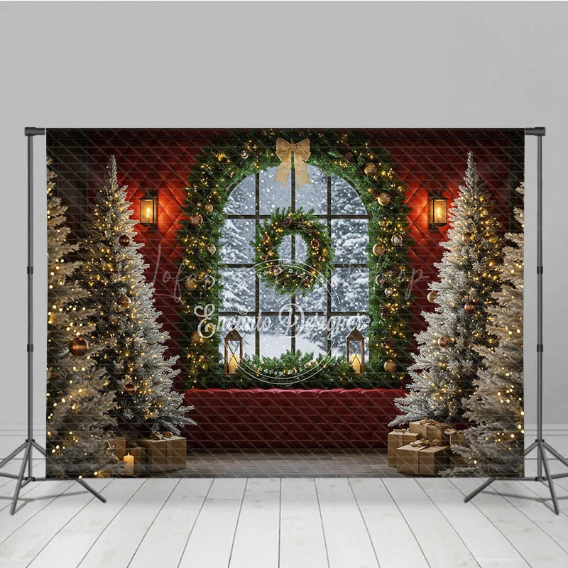 Lofaris Elegant Christmas Window Photography Backdrop Red Wall with ...